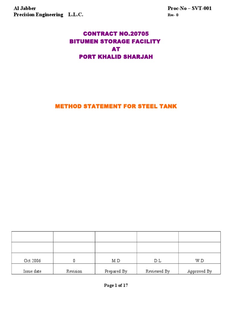 Steel Tank Construction Method Statement | PDF | Stairs | Welding