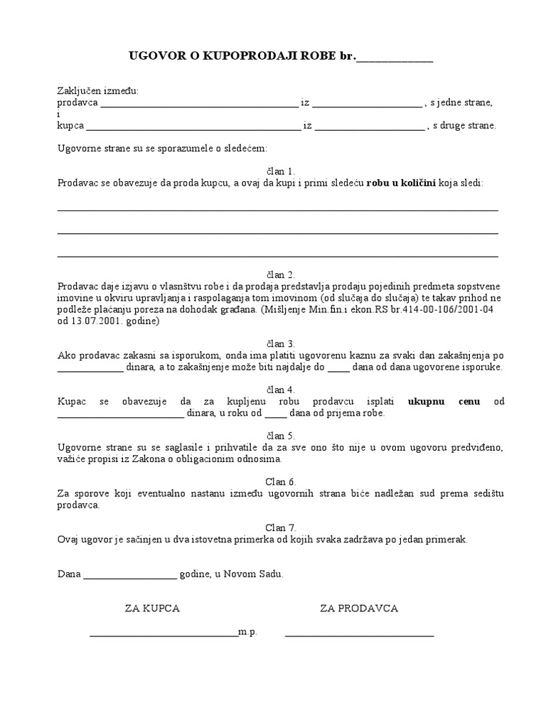 Ugovor o Prodaji Robe-fizicko Lice