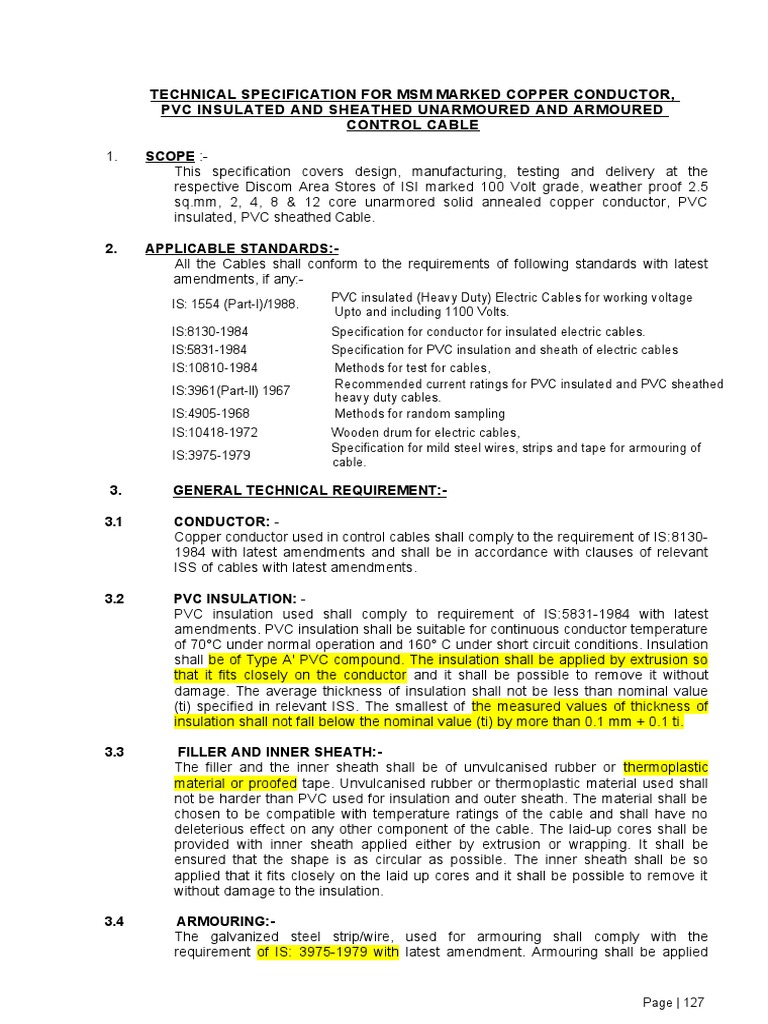 Technical Specification of Control Cable | PDF | Electrical Wiring | Cable