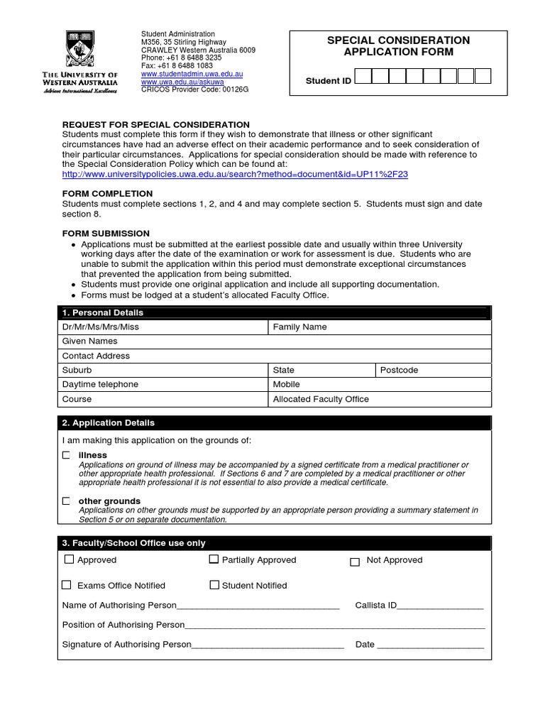 Student ID: Special Consideration Application Form | PDF | Physician ...