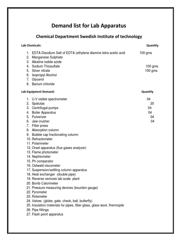 Lab Apparatus and Chemicals Demand List | PDF | Science & Mathematics