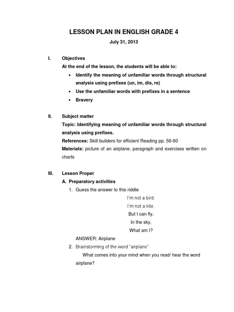 Grade 4 English Lesson Plan: Prefixes | PDF | Wright Brothers | Lesson Plan