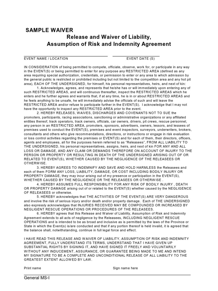 Sample Waiver | PDF | Indemnity | Private Law