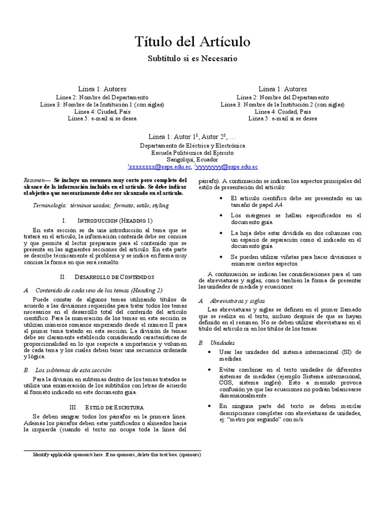 Formato Del Artículo Científico | PDF | Tabla (base de datos) | Ecuaciones