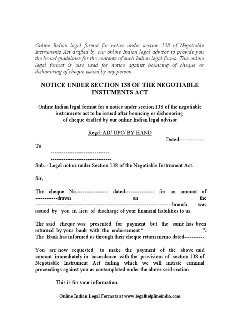 Notice Under Section 138 of The Negotiable Instuments Act | PDF