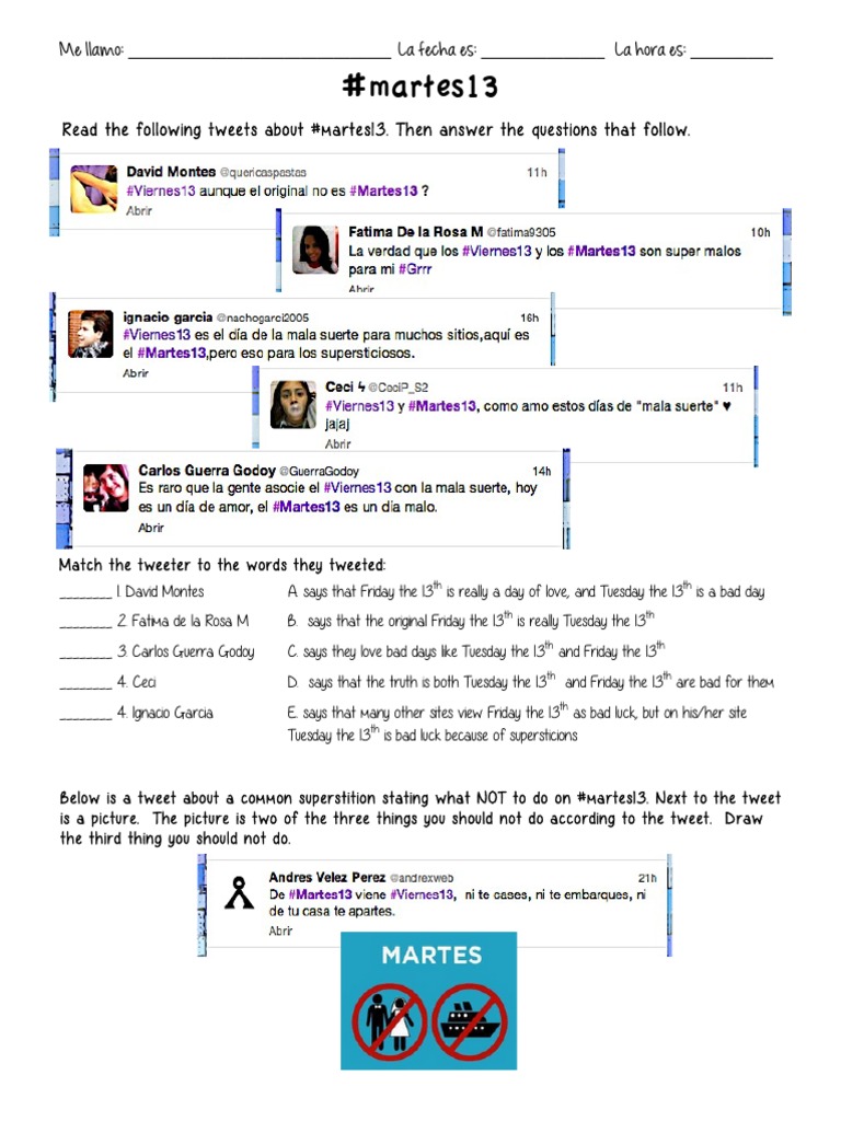 Martes 13 Twitter Reading Activity For Spanish Class | PDF