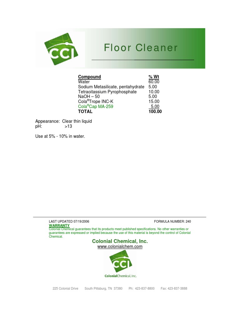 Floor Cleaner Formula Specifications | PDF