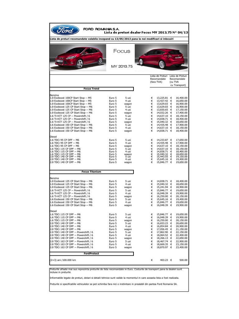 Lista de Preturi FORD FOCUS 13-05-2013 | PDF