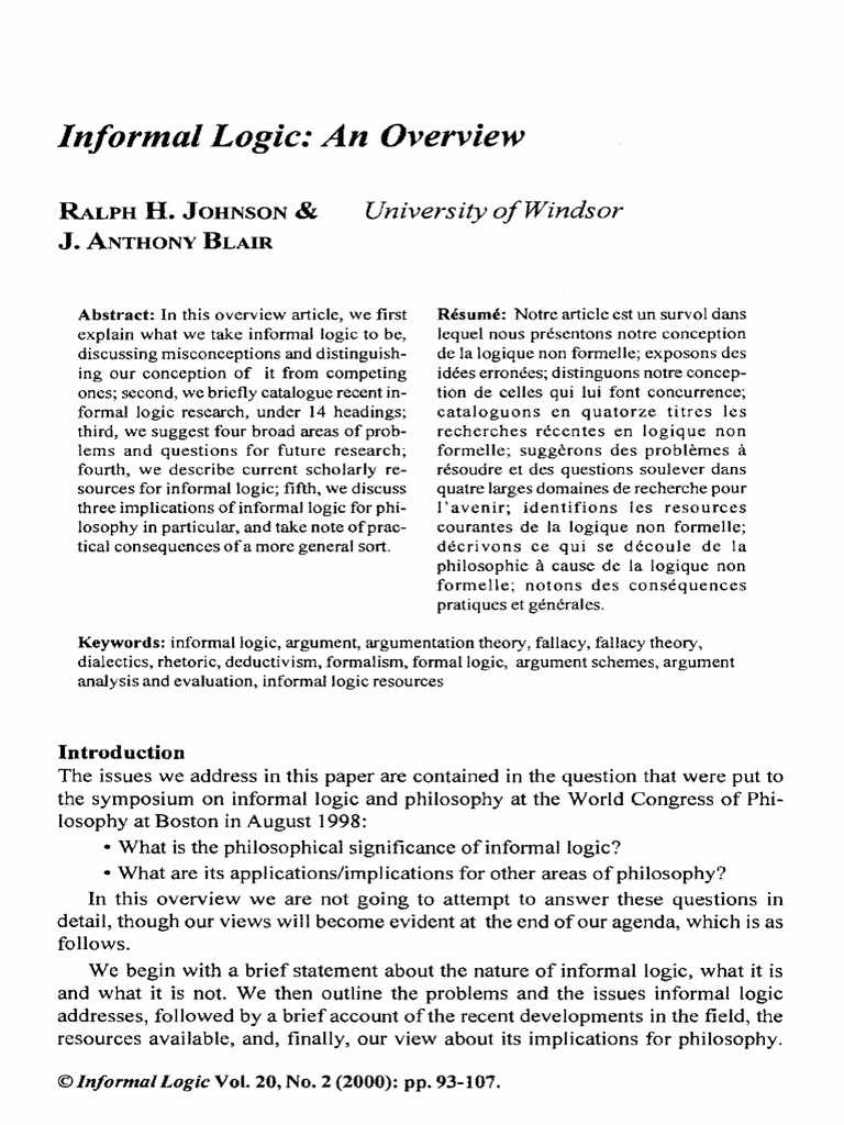 Johnson and Blair - Informal Logic - An Overview | PDF | Argumentation ...