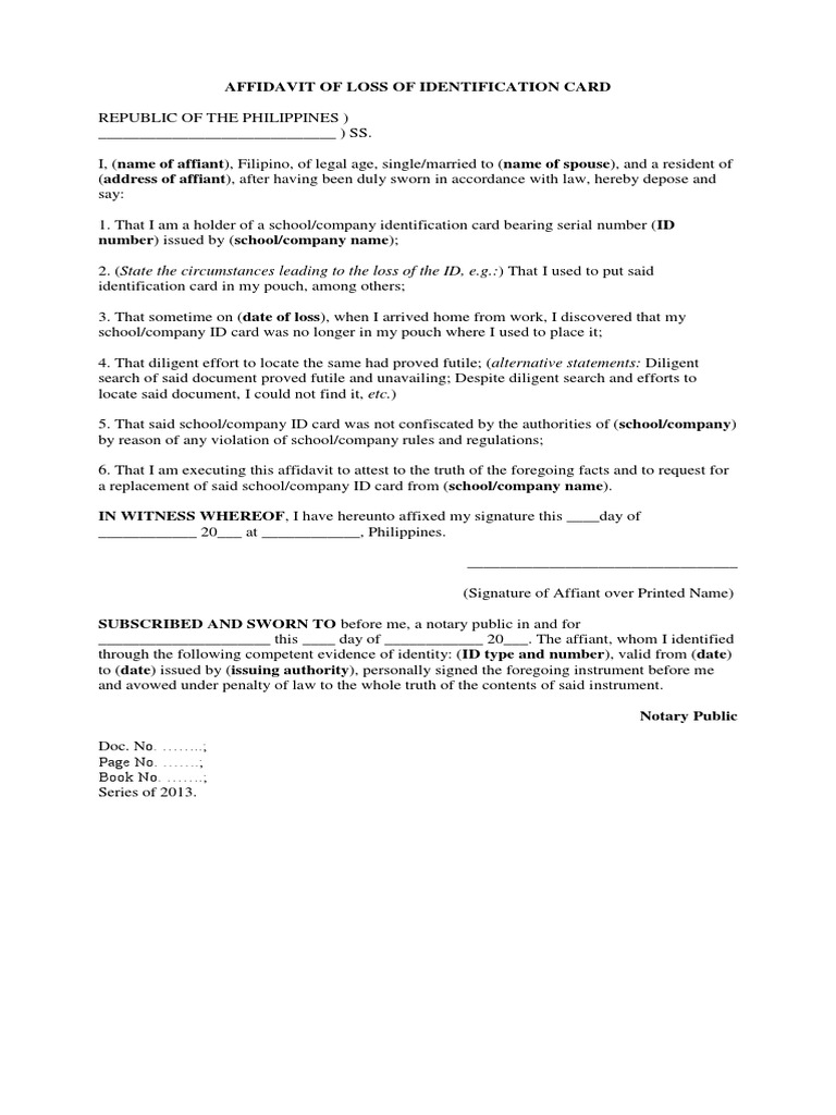 Affidavit of Loss of Identification Card | PDF