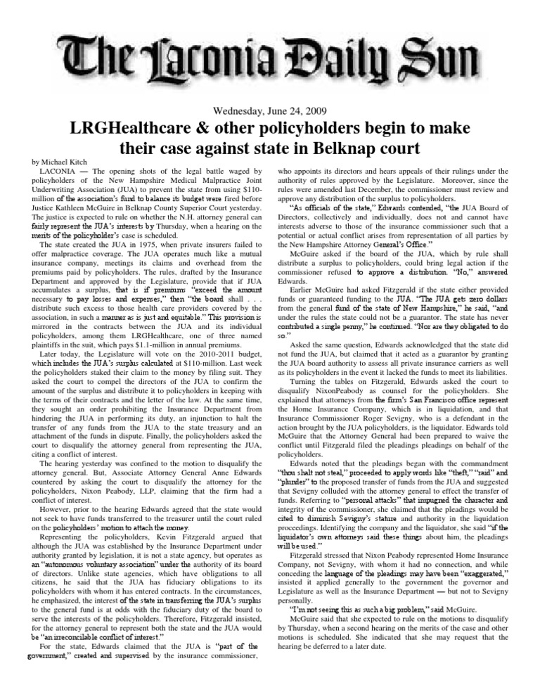 Laconia Daily Sun - JUA 06-24-09 | PDF | Insurance | Lawsuit