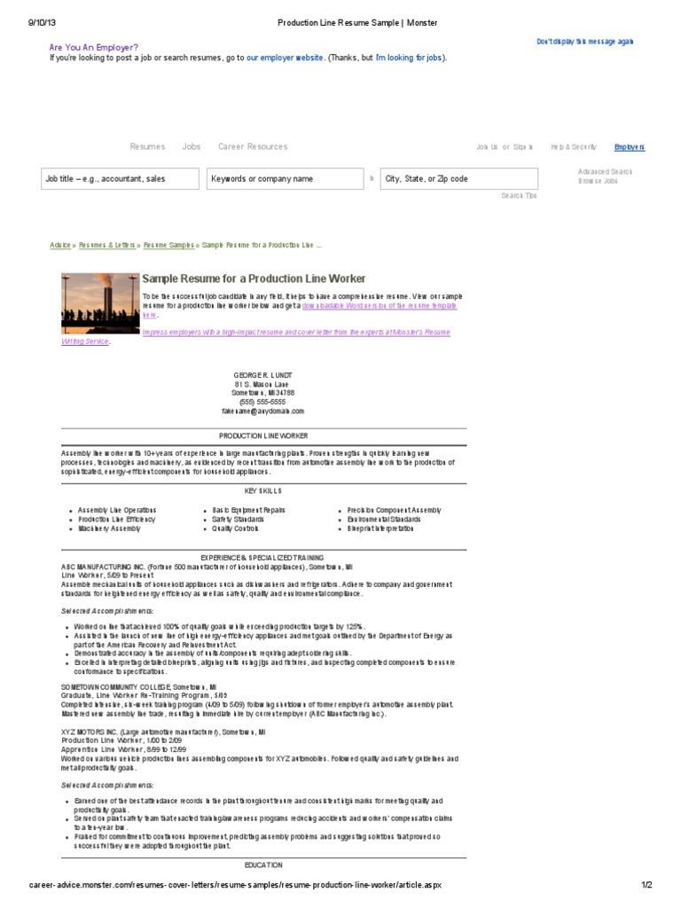 Production Line Resume Sample | Download Free PDF | Résumé | Efficient ...