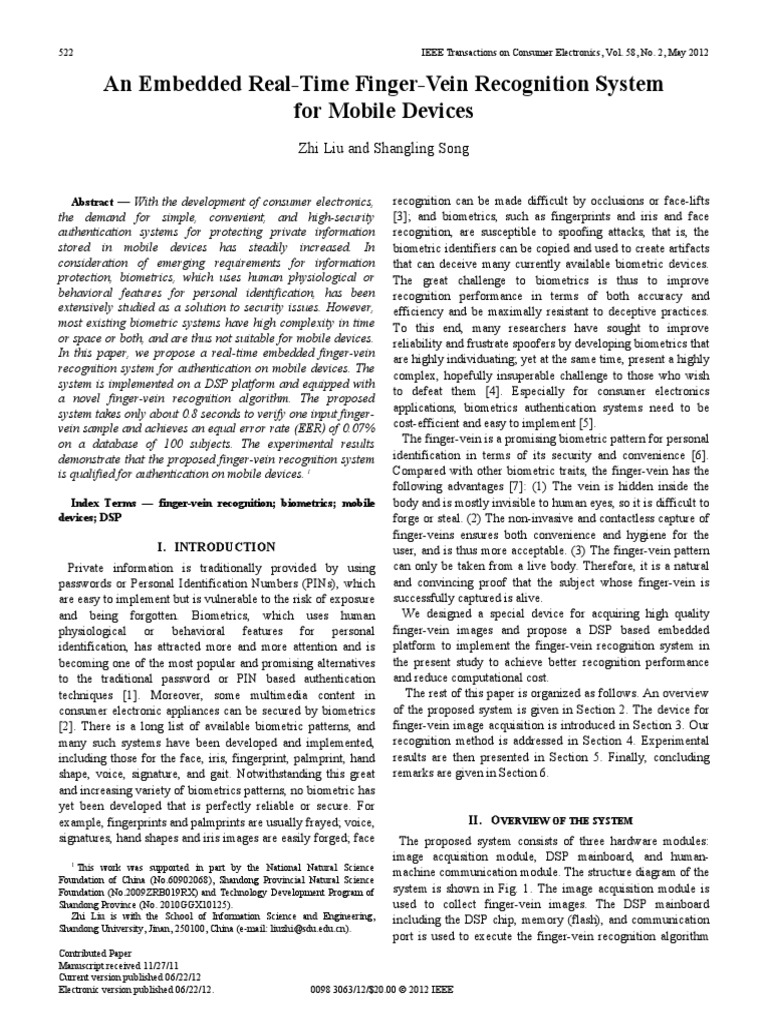 An Embedded Real-Time Finger-Vein Recognition System | PDF | Biometrics | Science
