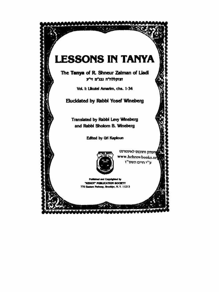 Rabbi Shneur Zalman of Liadi - Lessons in Tanya Vol-1 | PDF | Chabad ...