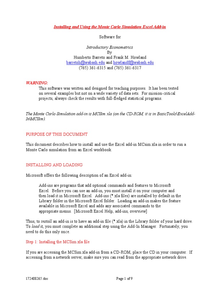 Introductory Econometrics: Installing and Using The Monte Carlo Simulation Excel Add-In | PDF ...