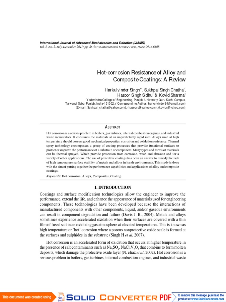 Hot Corrosion Performance of Alloy and Composite Coatings | PDF ...