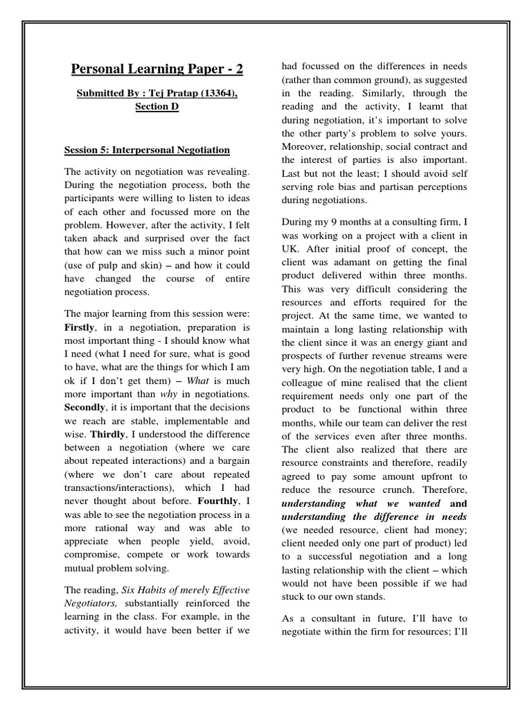 Personal Learning Paper 2 | PDF | Negotiation | Interpersonal Relationships
