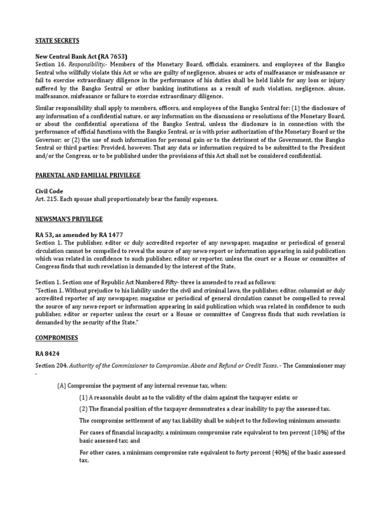 State Secrets New Central Bank Act (RA 7653) | PDF | Tax Refund ...