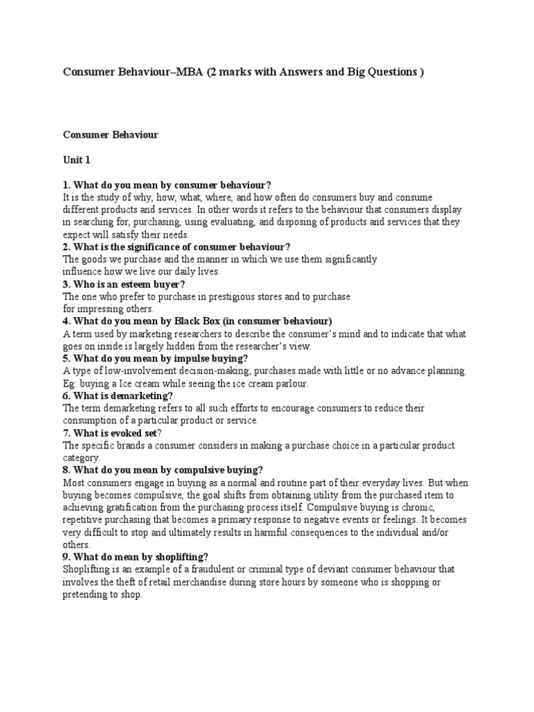 Consumer Behaviour-MBA (2 Marks With Answers and Big Questions ...