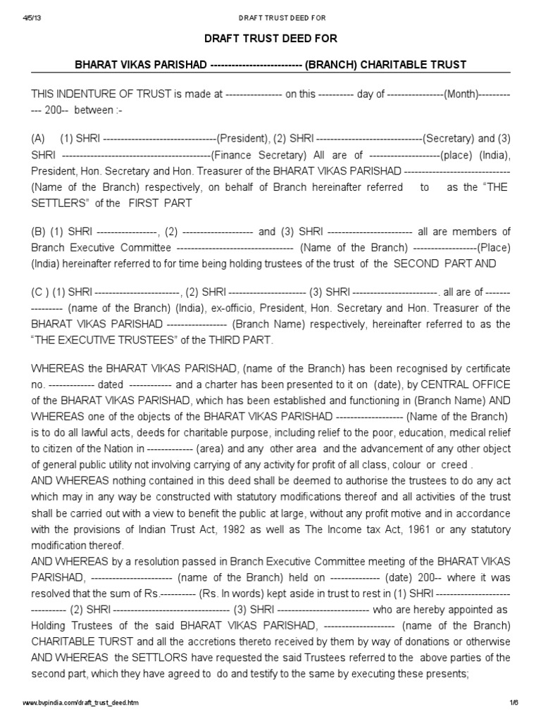 Draft Trust Deed For | PDF | Trust Law | Trustee