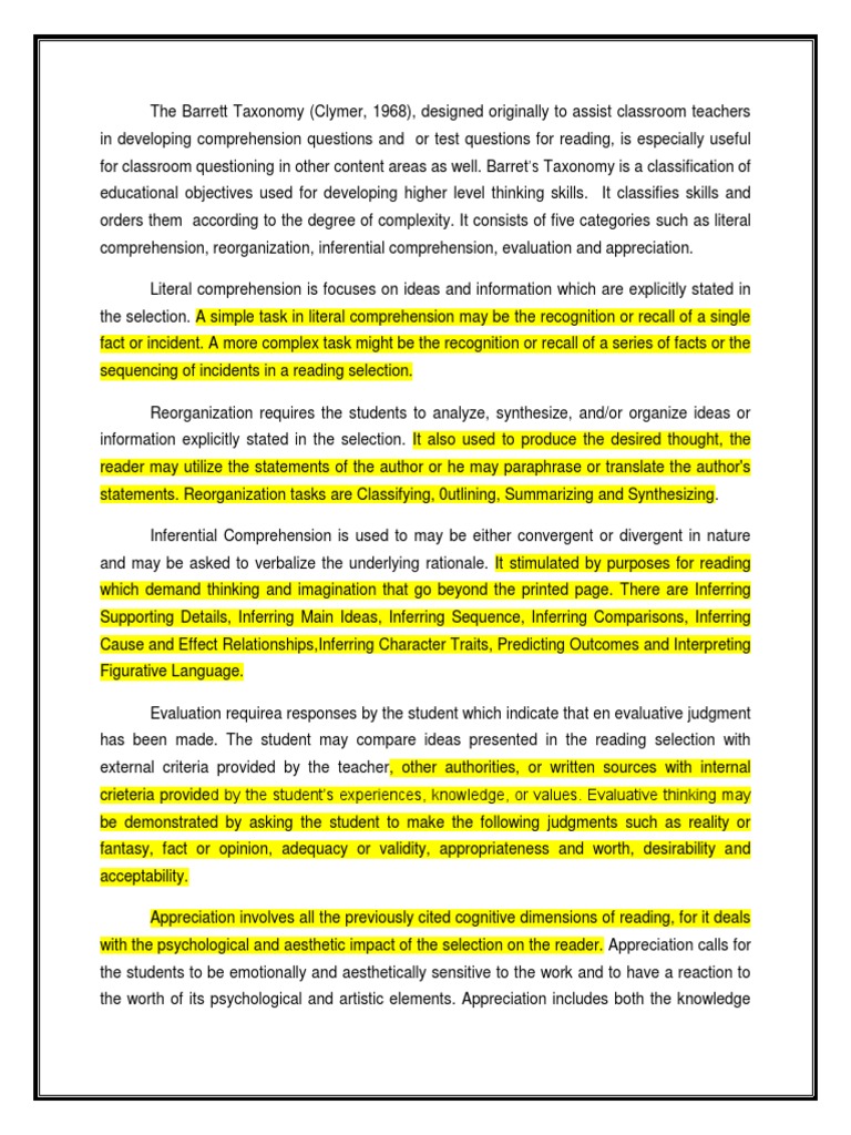 The Barrett Taxonomy (Task 2) | Reading Comprehension | Aesthetics