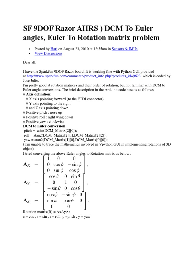 SF 9DOF Razor AHRS ) DCM To Euler angles, Euler To Rotation matrix problem