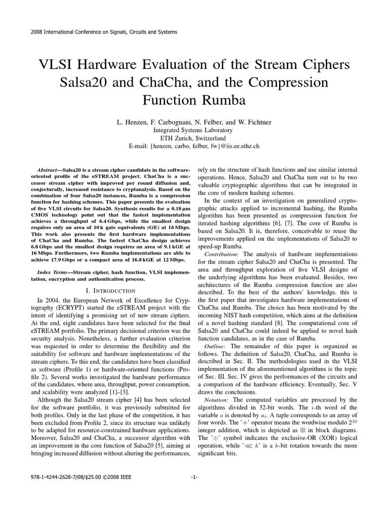 Vlsi Hardware Evaluation of The Stream Ciphers Salsa20 and Chacha, and ...