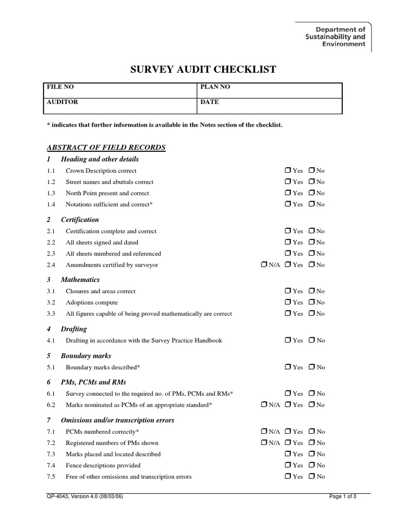 Survey Audit and Plan Exam Checklist | PDF | Surveying | Geography