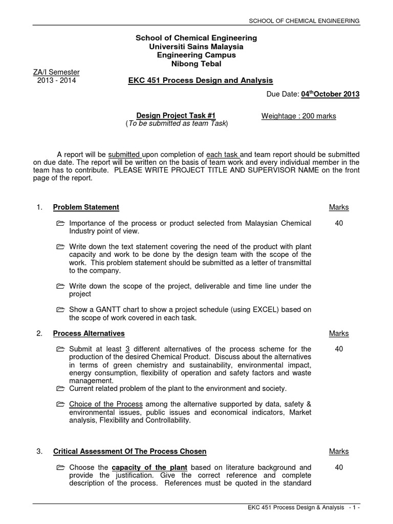 EKC 451 Design Project Task 1 | PDF | Chemical Engineering | Engineering