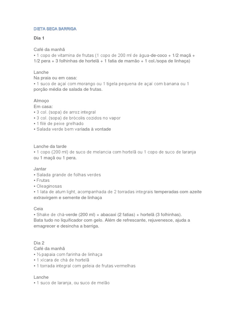 Dieta Seca Barriga | PDF | Suco | Dieta e nutrição