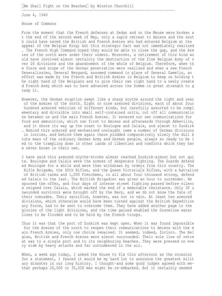 Speech - We Shall Fight on the Beaches | Naval Mine | Air Forces | Free ...