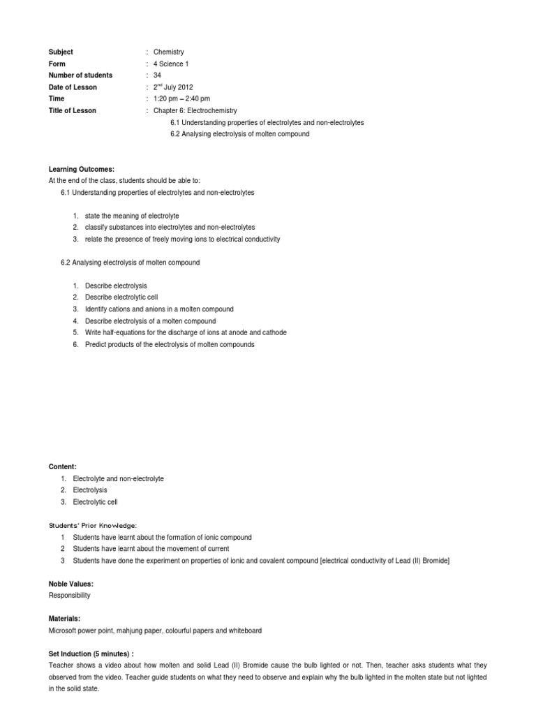Lesson Plan Chemistry 6.1 and 6.2 | PDF | Electrolyte | Anode