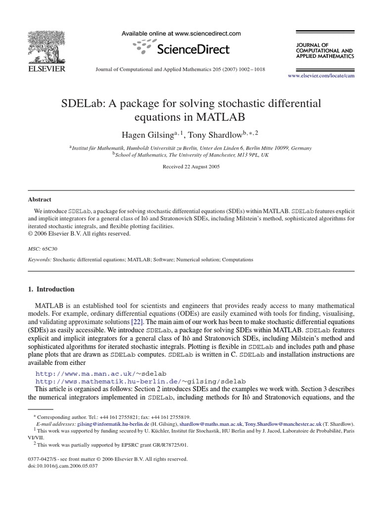 Sdelab A Package For Solving Stochastic Differential Equations In