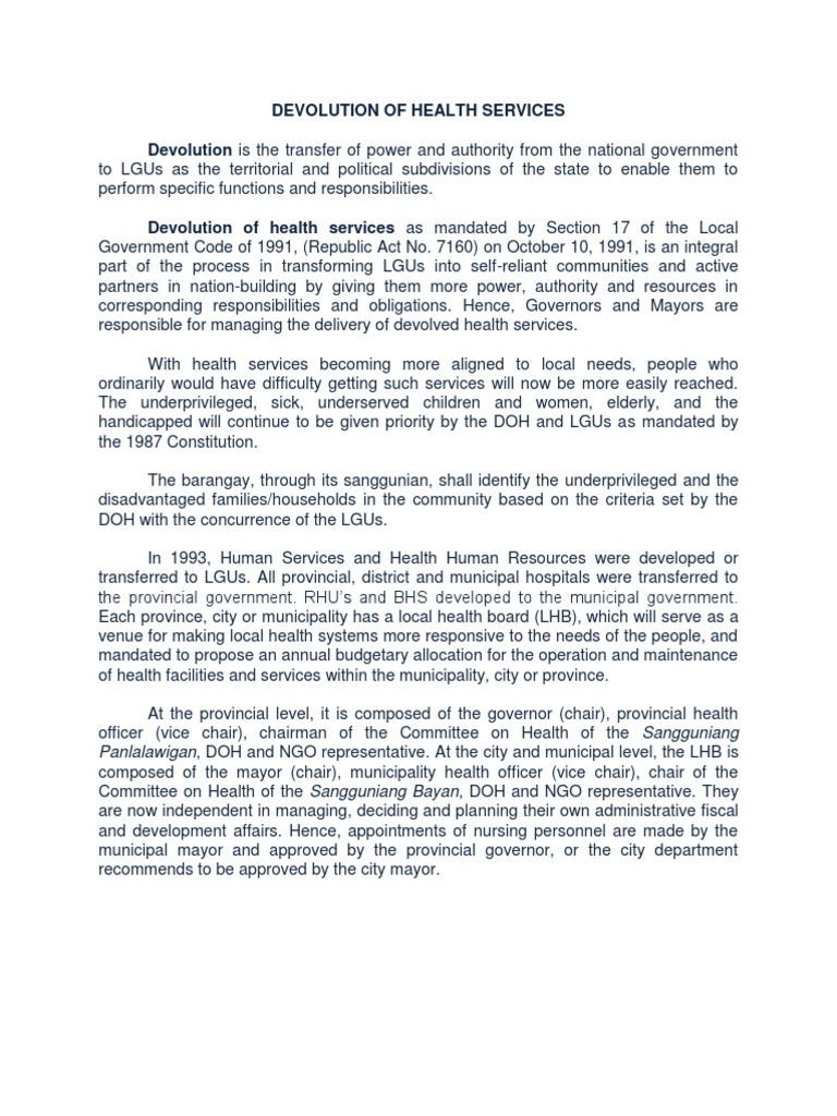 CHN Written Report (Devolution of Health Services) | PDF | Devolution | Local Government