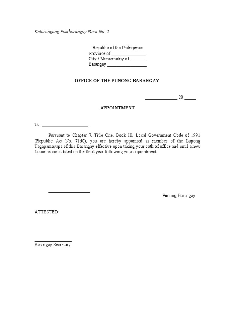 Appointment to the Lupong Tagapamayapa Mediation Council of [Barangay ...