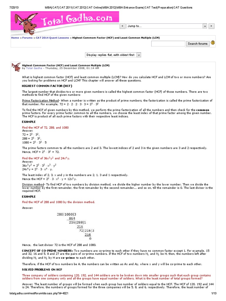 Highest Commom Factor (HCF) and Least Common Multiple (LCM) | PDF ...