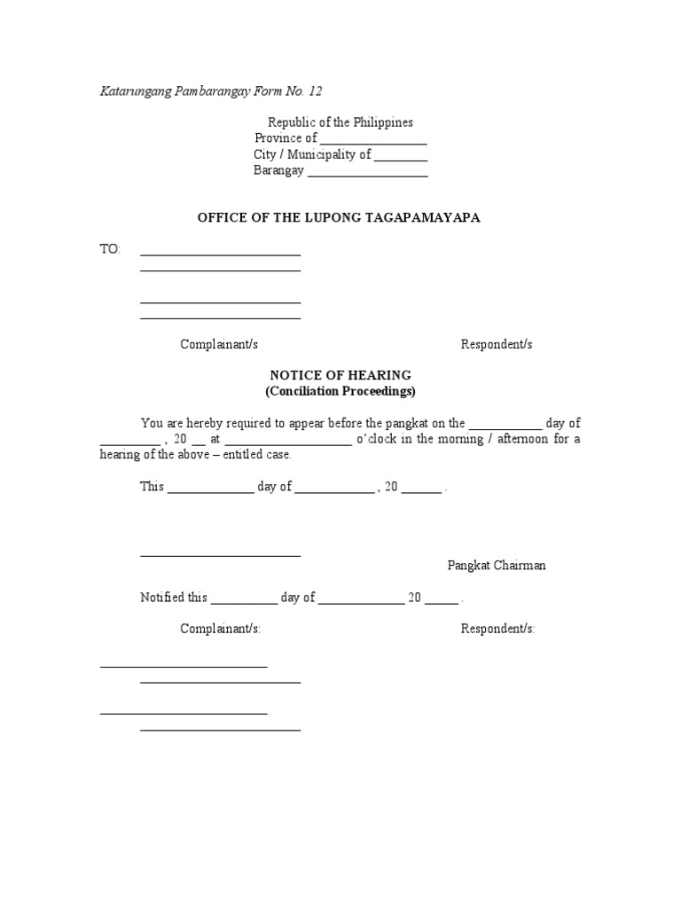 Katarungang Pambarangay Form No. 12: Office of The Lupong Tagapamayapa ...