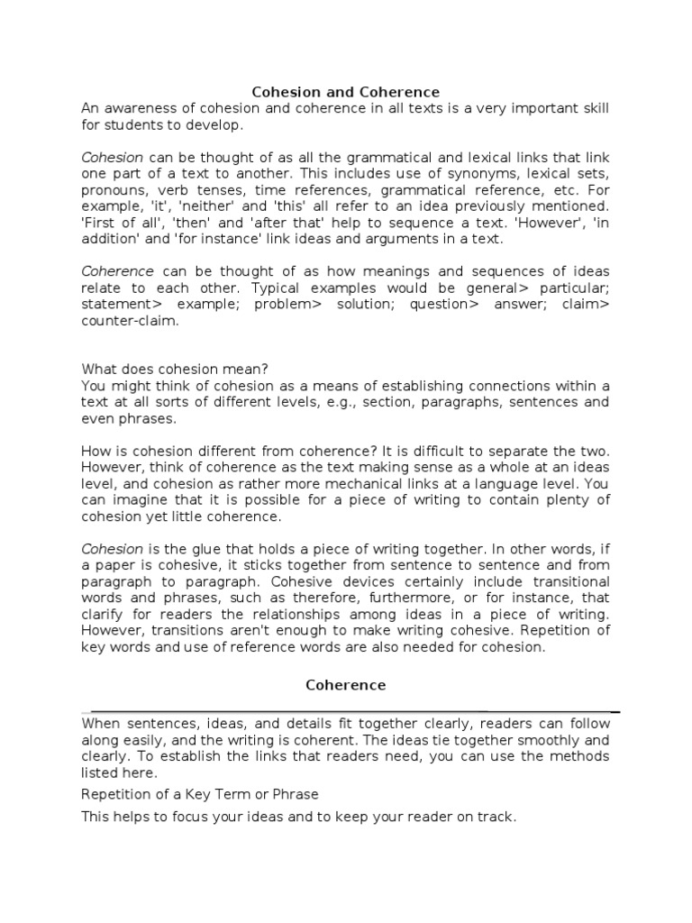 Understanding Cohesion and Coherence: The Importance of Establishing ...