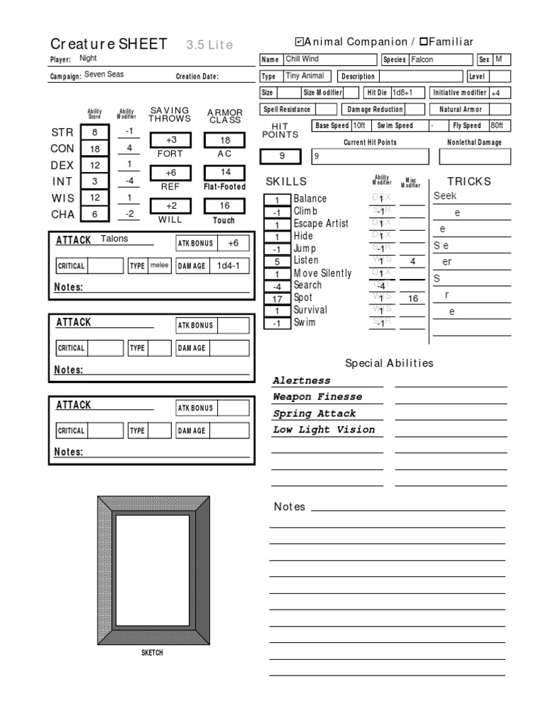 Creature Sheet for RPG Characters | PDF