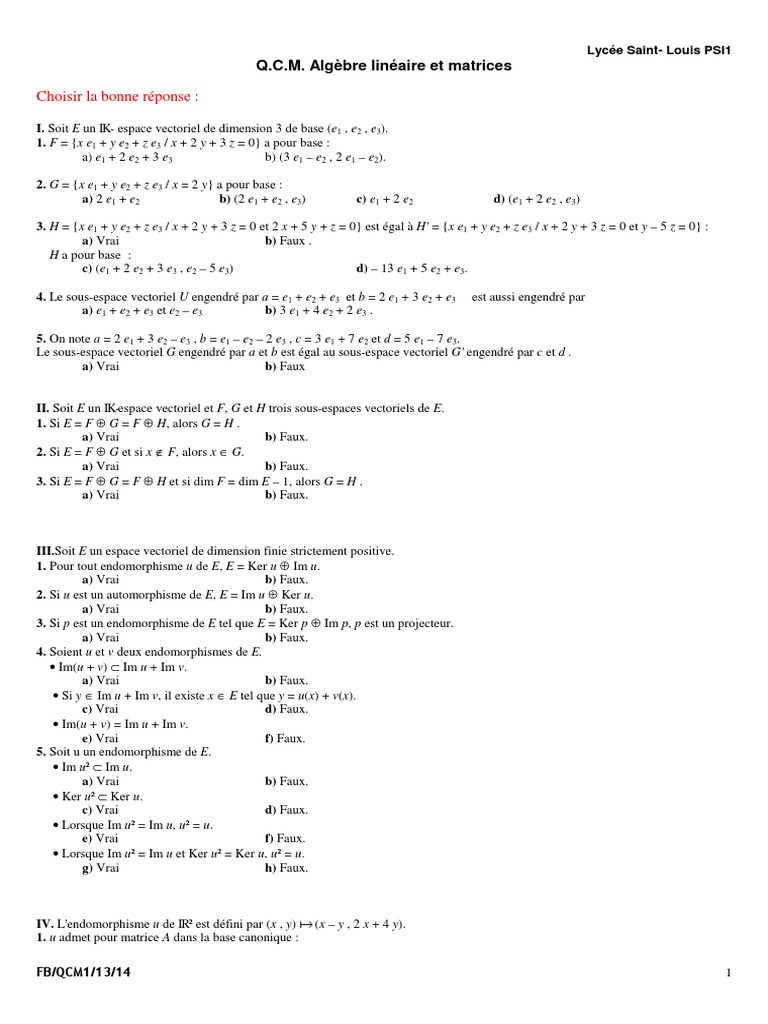 QCM Algèbre Linéaire et Matrices | PDF | Base (algèbre linéaire ...