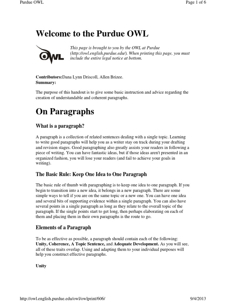 Purdue OWL - On Paragraphs | PDF | Paragraph | Sentence (Linguistics)