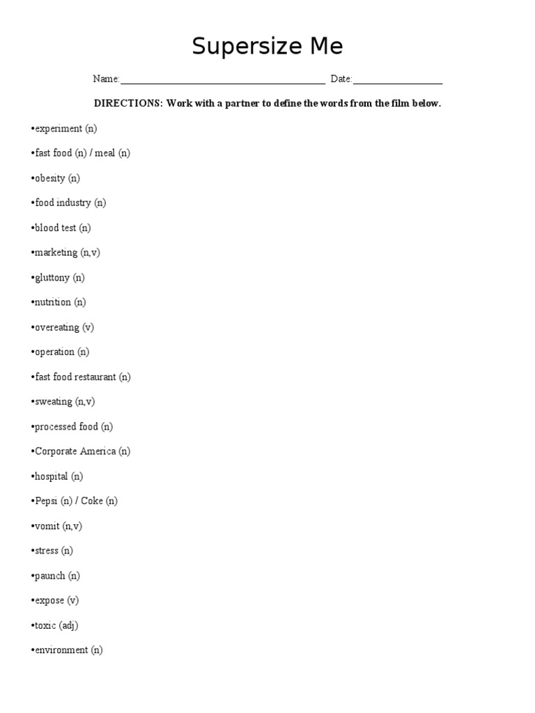 Supersize Me Questions | PDF | Obesity | Food And Drink