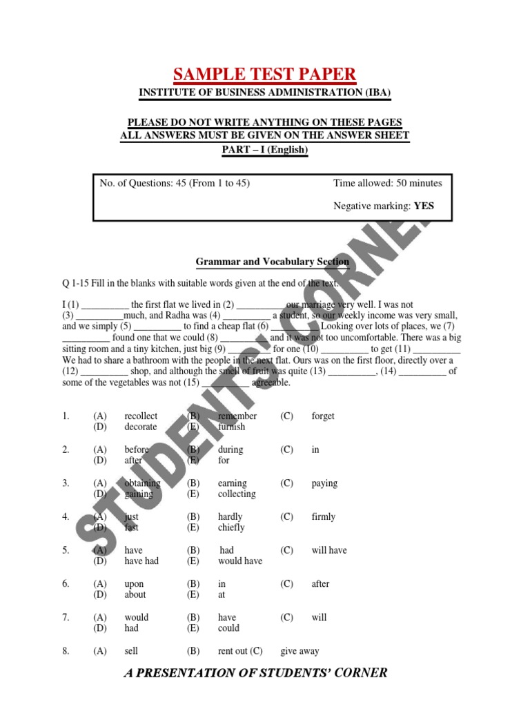 IBA Sample Test Paper | PDF | Goal | Teaching Mathematics