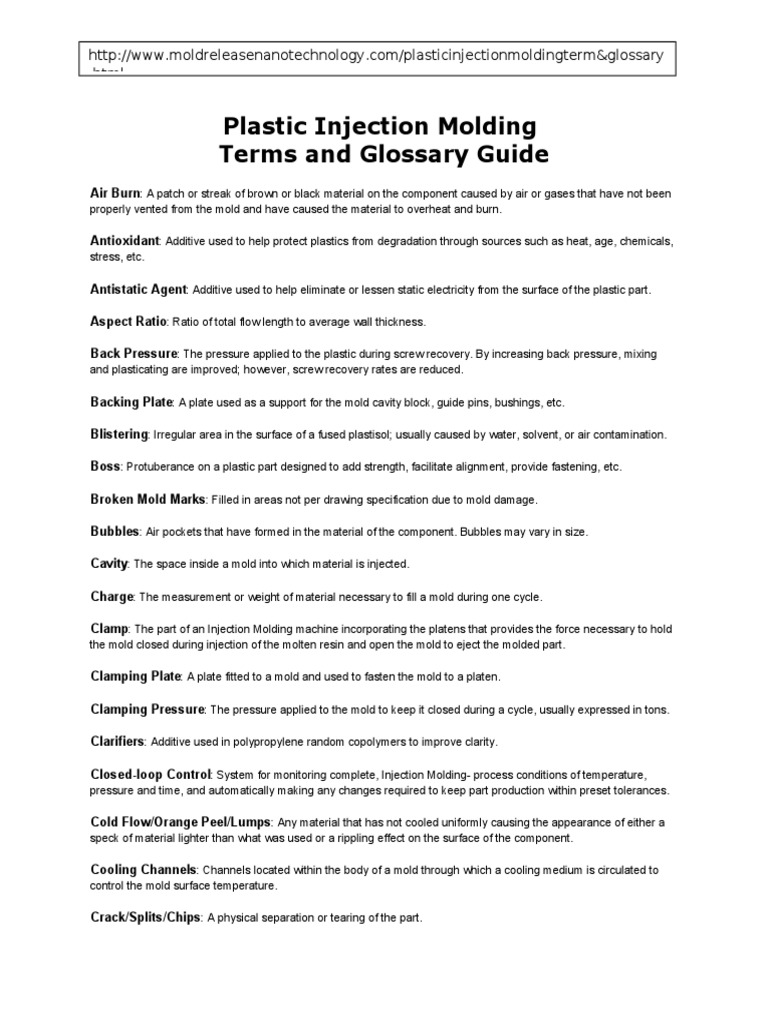 Plastic Injection Molding TERMS and GLOSSARY | PDF | Cross Link | Extrusion