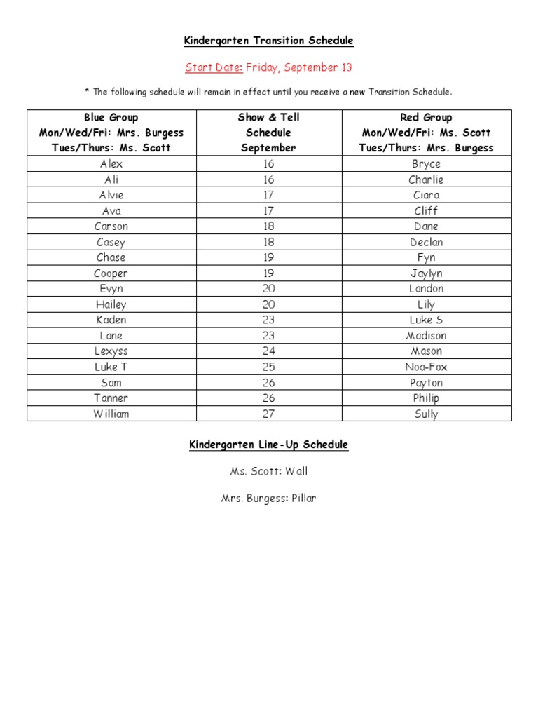 Kindergarten Transition and Show and Tell Schedule 1 | PDF