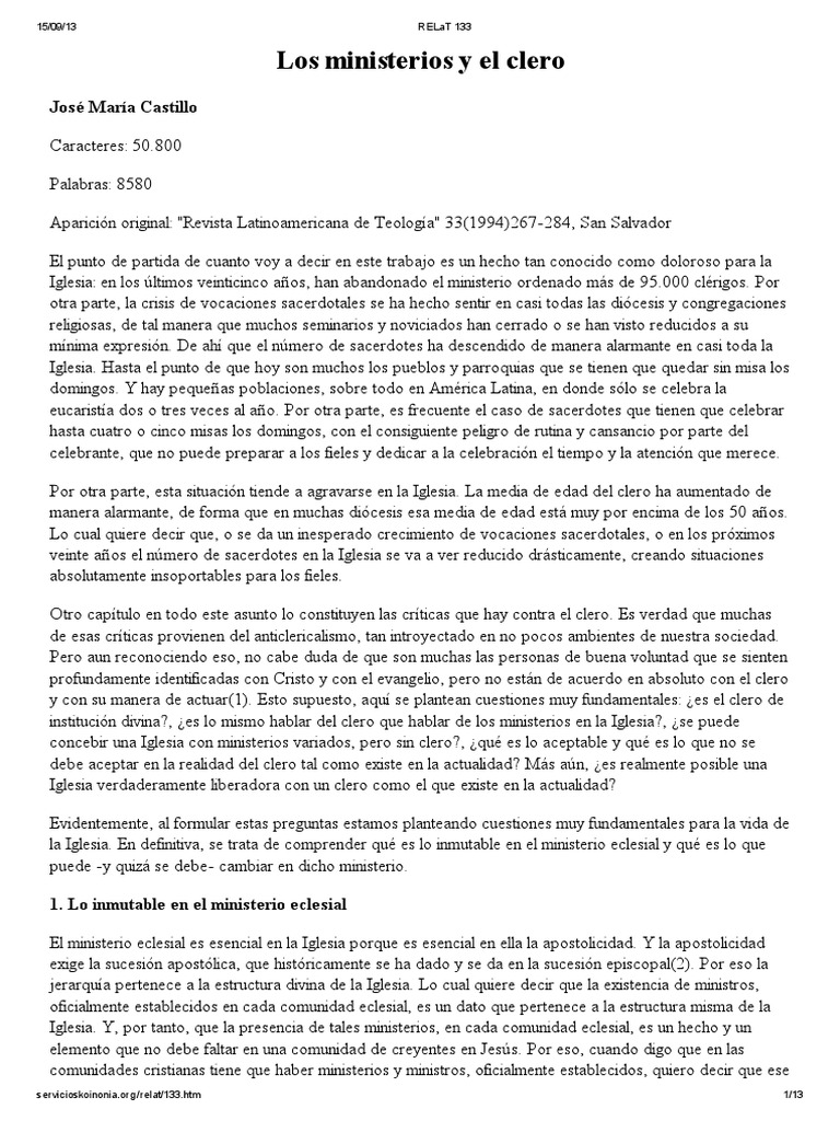 JM Castillo-Los Ministerios y El Clero-RELaT 133 | PDF | Celibato ...