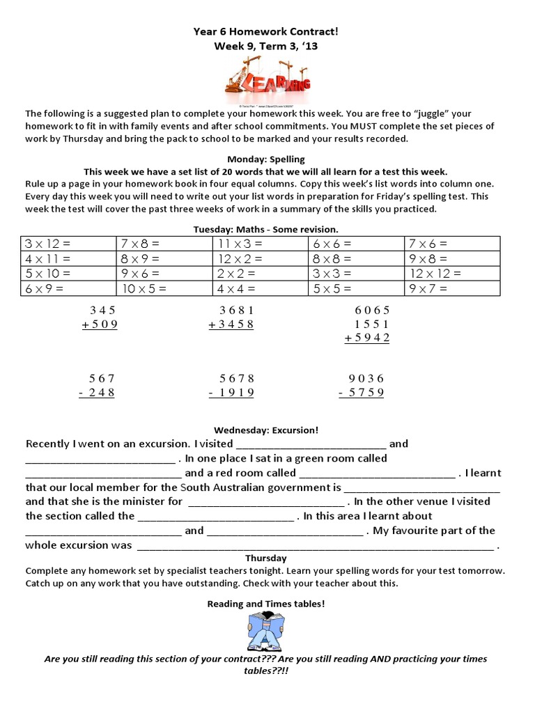 Year 6 Homework Contract Overview | PDF