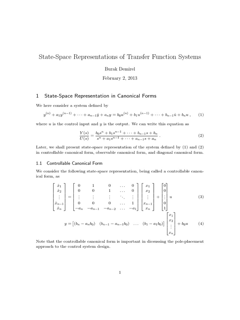 State Space Representation Of Transfer Function Systems Algorithms