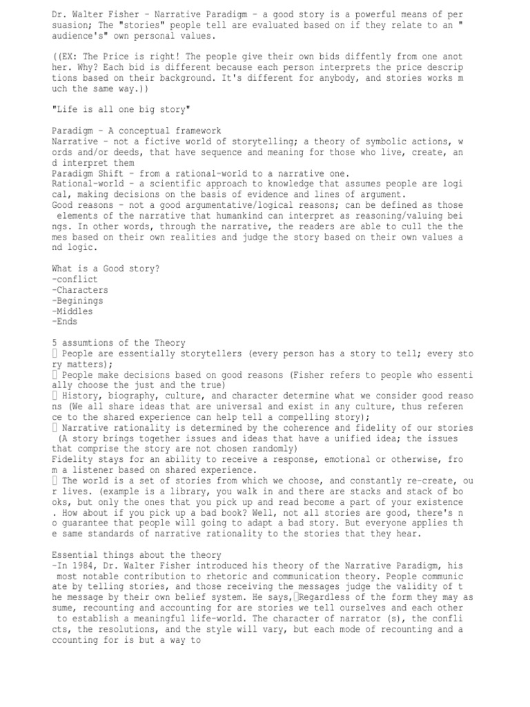 Walter FIsher's Narrative Paradigm (Outline).txt | Narrative | Logic Walter FIsher's Narrative Paradigm (Outline).txt | Narrative | Logic
