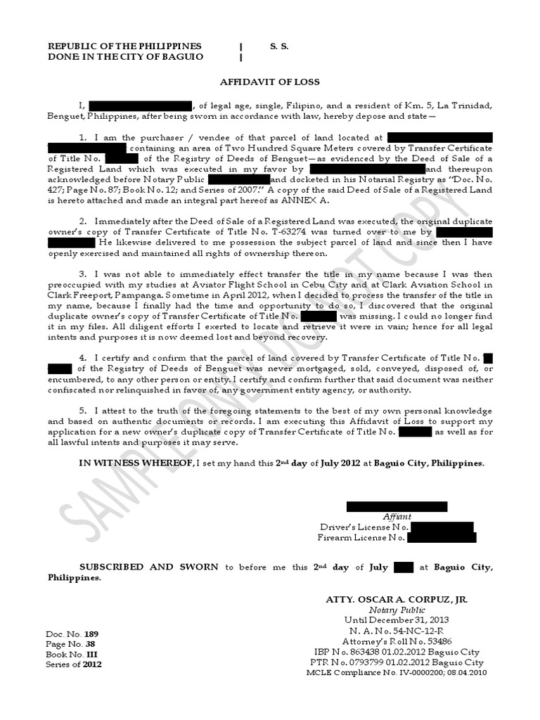 Sample Affidavit Of Lost Title Notary Public Civil Law Common Law 